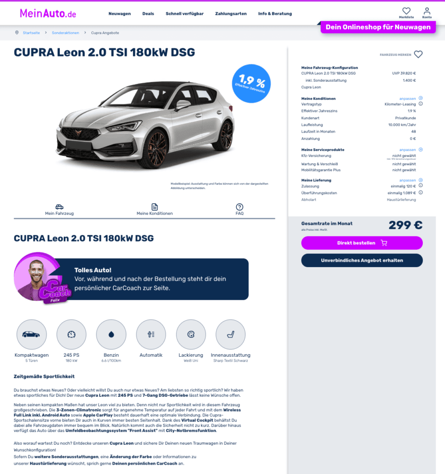 Cupra Leon im Leasing für 299€ im Monat brutto - ntv Autoleasing