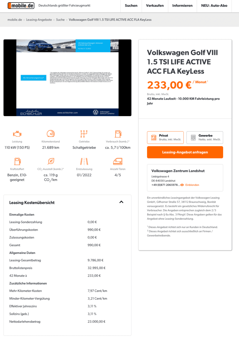 VW Golf im Leasing für 233 Euro im Monat brutto - ntv Autoleasing