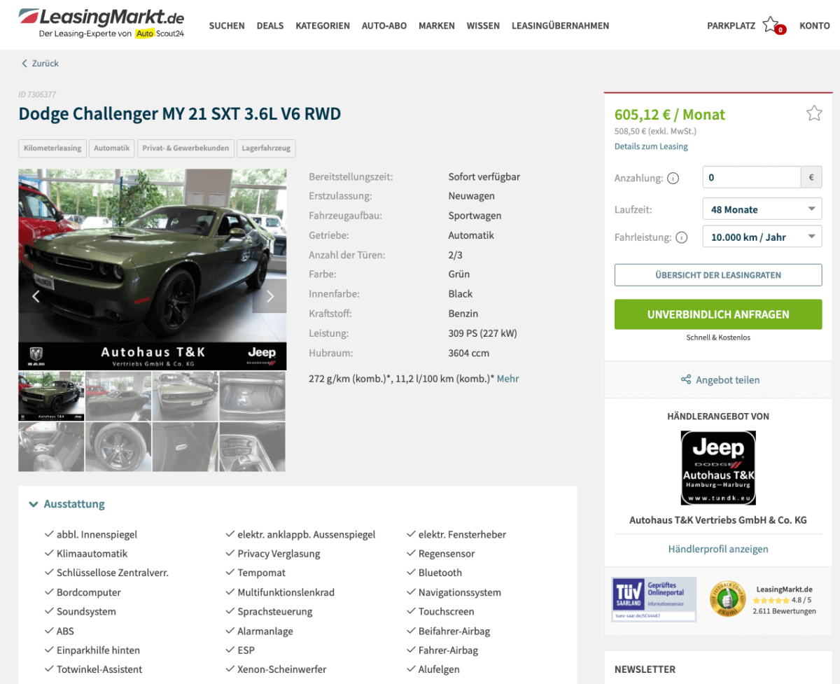 Dodge Challenger im Leasing für mtl. 605€ brutto - ntv Autoleasing