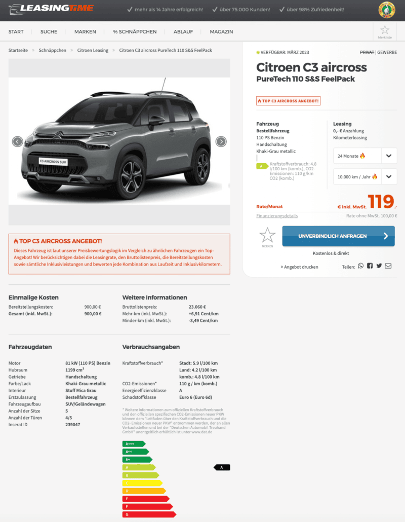 Citroën C3 Aircross im Leasing für 100€ mtl. netto - ntv Autoleasing