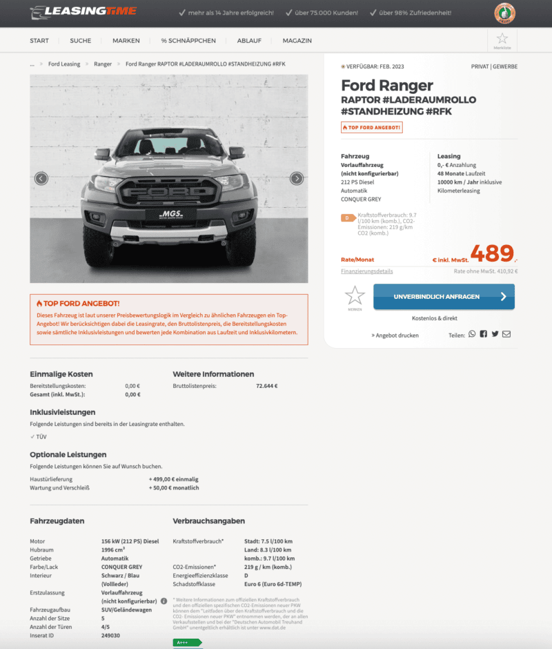 Ford Ranger Raptor im Leasing für mtl. 489€ brutto - ntv Autoleasing
