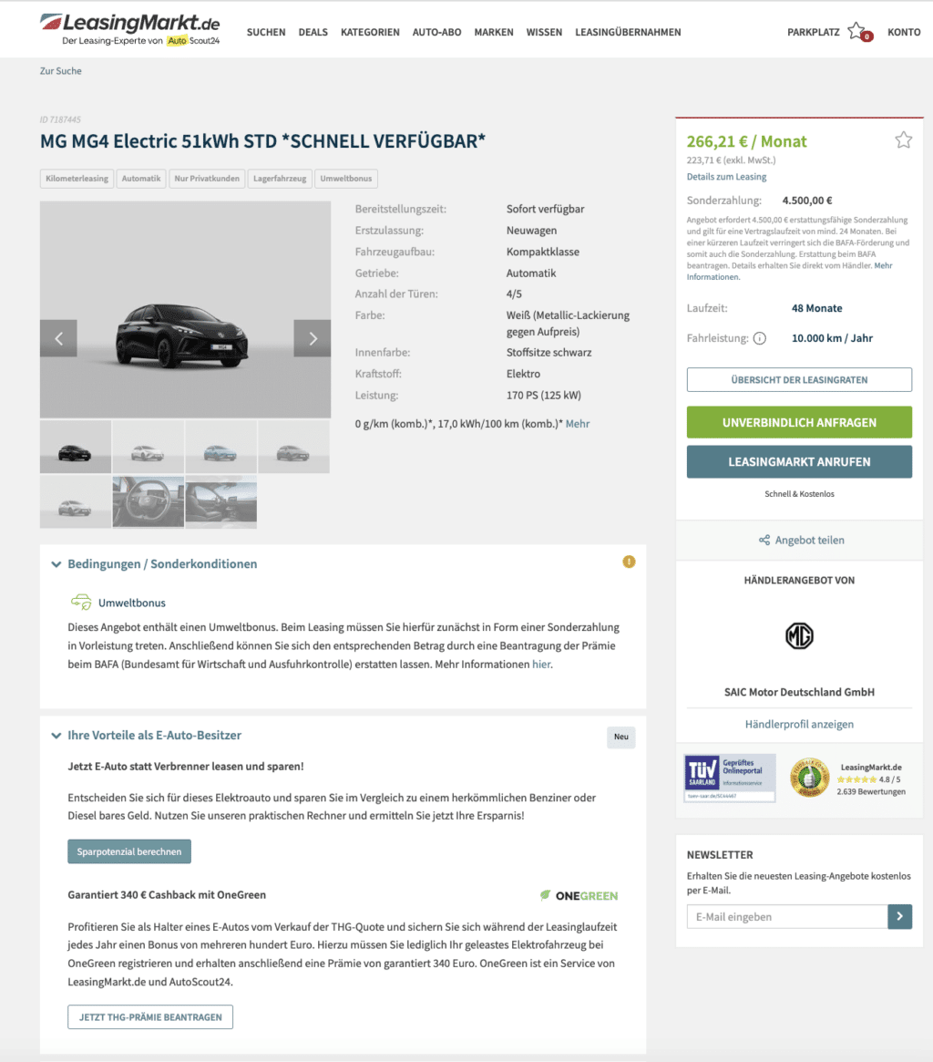 MG MG4 im Leasing für 266 Euro im Monat brutto - ntv Autoleasing