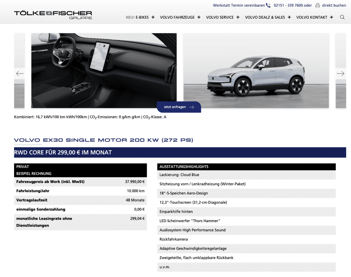 Volvo EX30 im Leasing für 299 Euro im Monat brutto - ntv Autoleasing