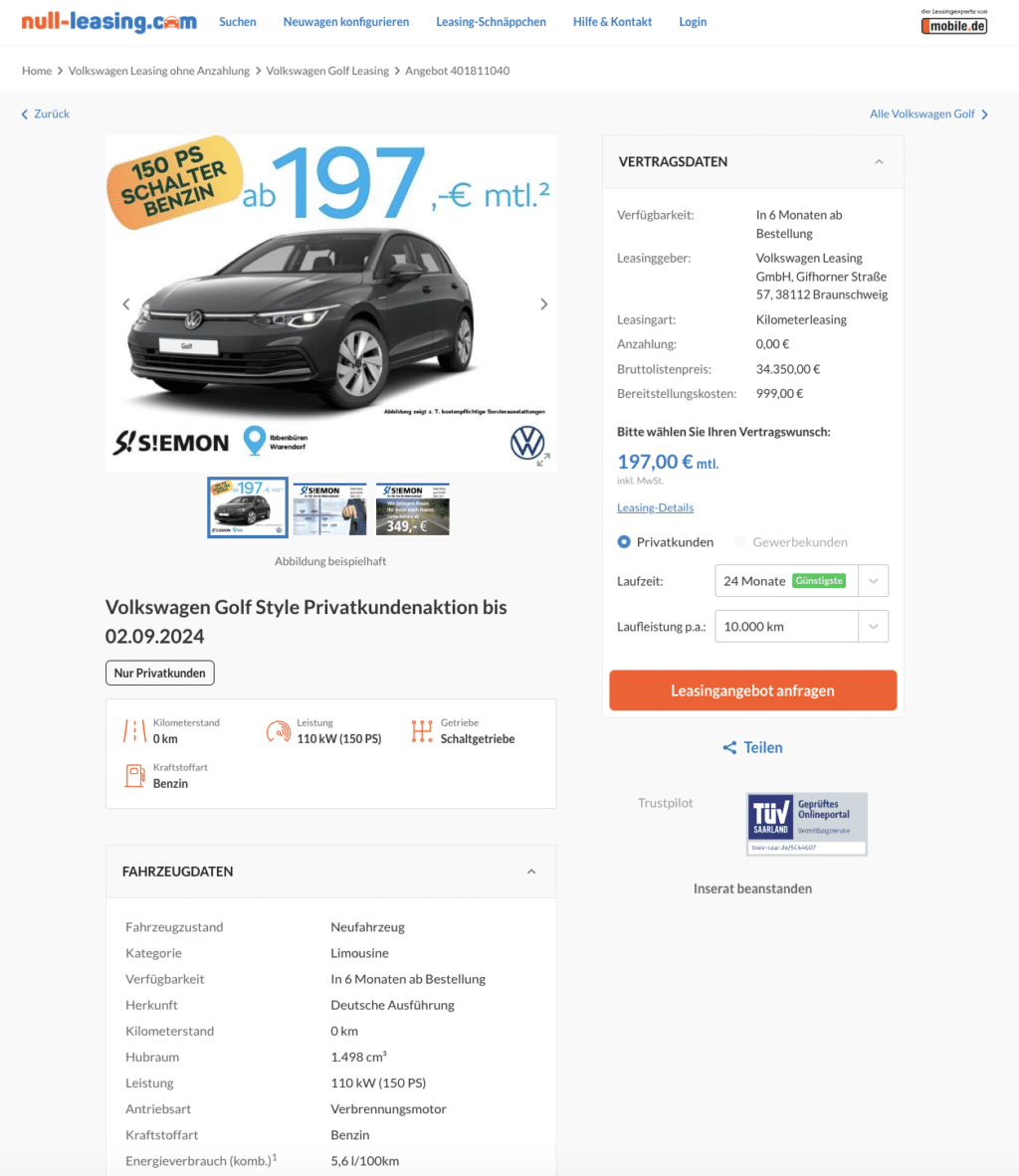 VW Golf im Leasing für 197 Euro im Monat brutto - ntv Autoleasing