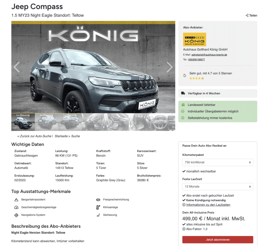 Jeep Compass im Auto-Abo für 499 Euro im Monat netto - ntv Autoleasing