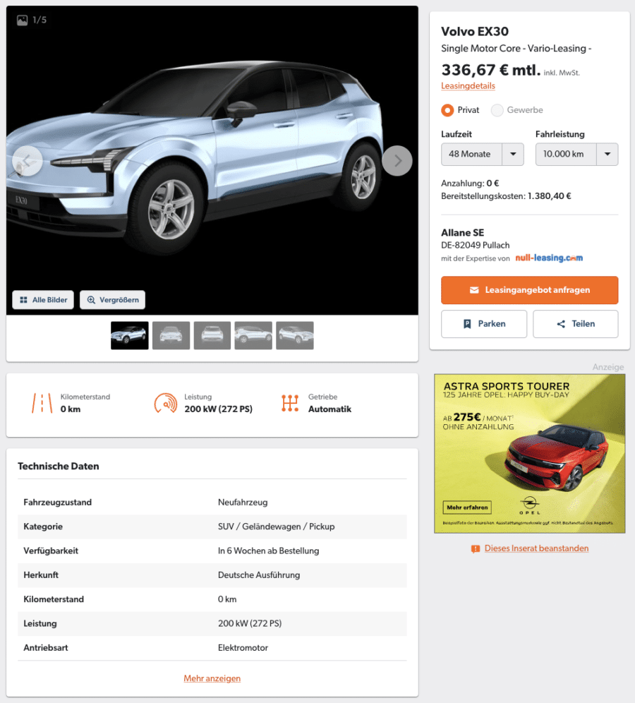 Volvo EX30 im Vario-Leasing für 337 Euro im Monat brutto - ntv Autoleasing