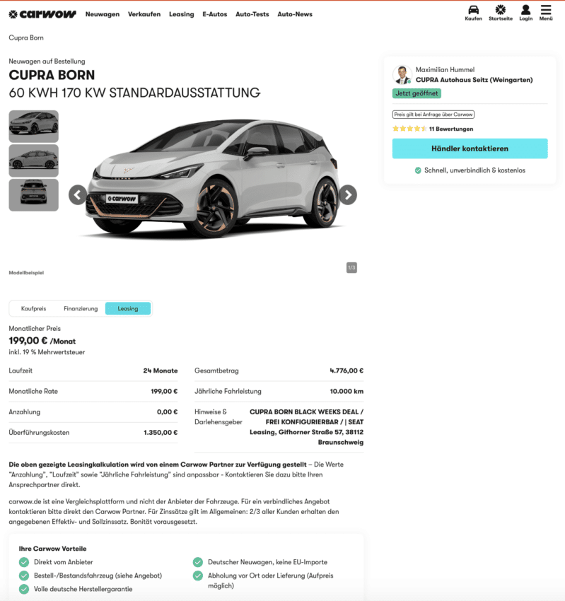 Cupra Born im Leasing für 199 Euro brutto pro Monat - ntv Autoleasing