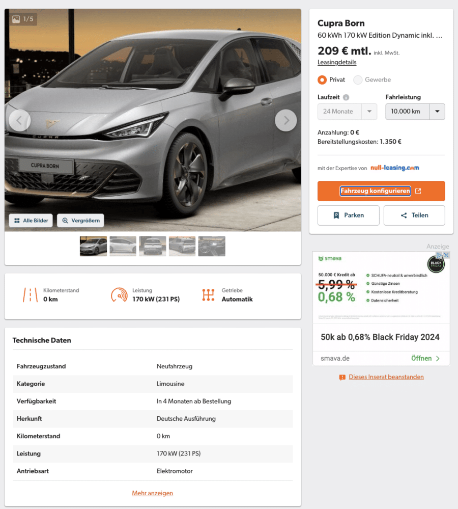 Cupra Born im Leasing für 209 Euro im Monat brutto - ntv Autoleasing