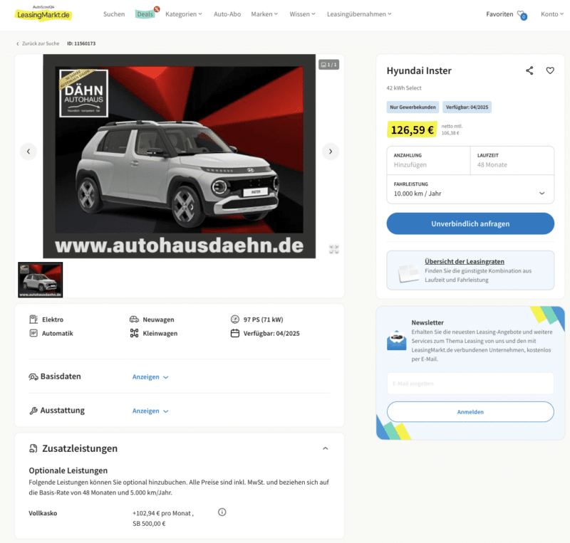 Hyundai Inster 42 im Leasing für 106 Euro im Monat netto - ntv Autoleasing