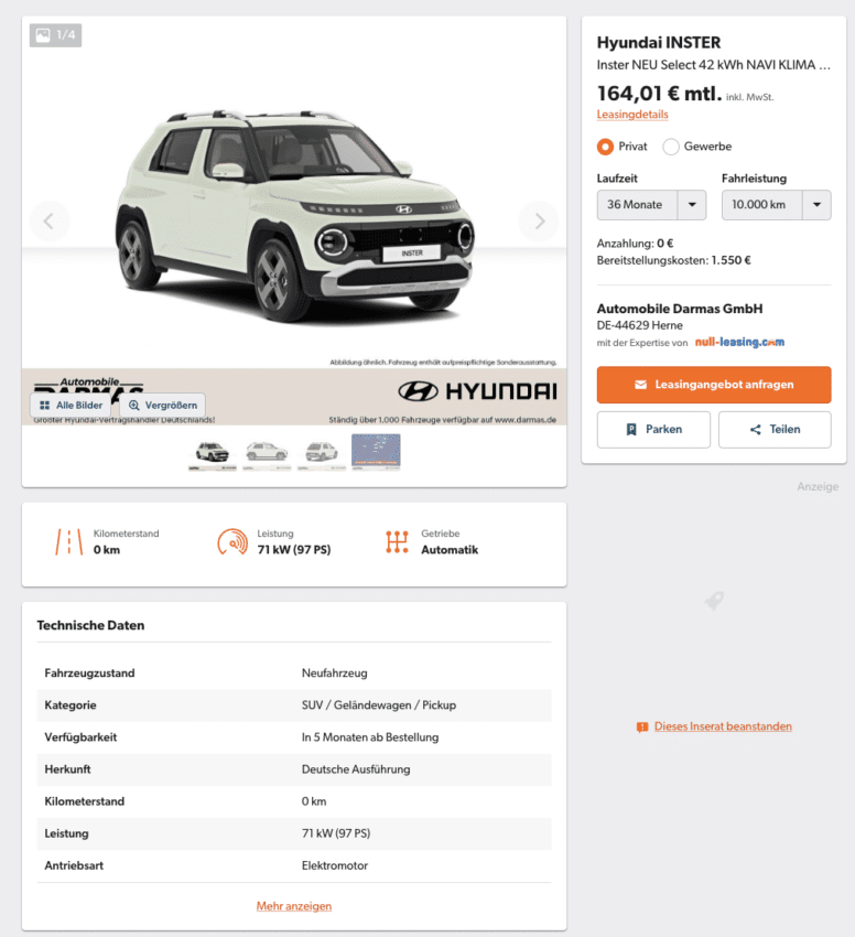 Hyundai Inster im Leasing für 164 Euro im Monat brutto - ntv Autoleasing