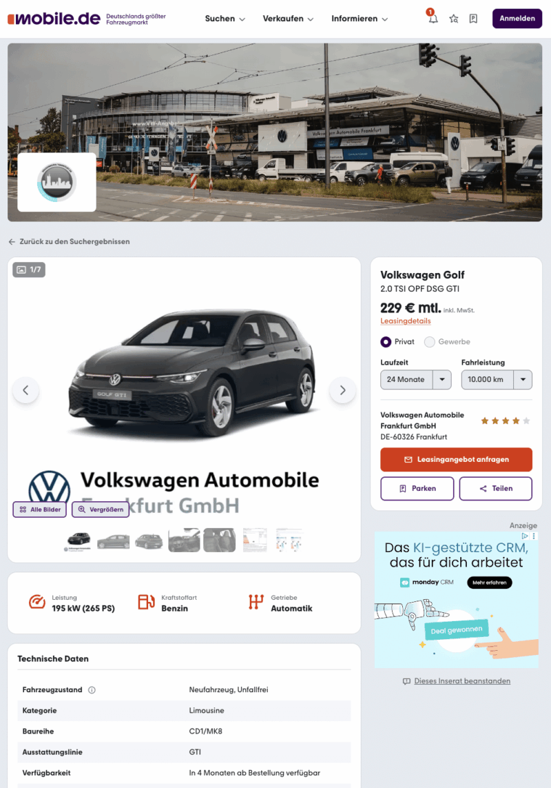 💥 VW Golf GTI im Leasing für 229 Euro im Monat brutto - ntv Autoleasing