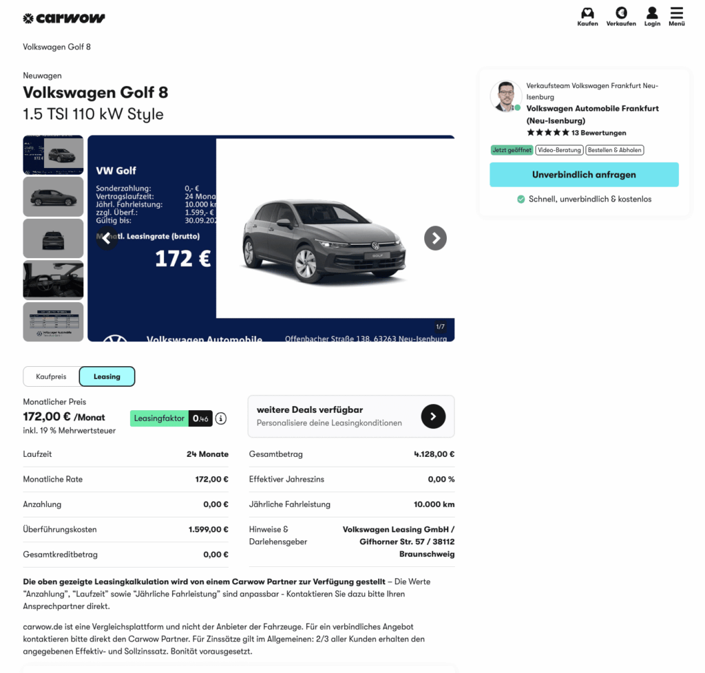 VW Golf im Leasing für 172 Euro brutto pro Monat - ntv Autoleasing