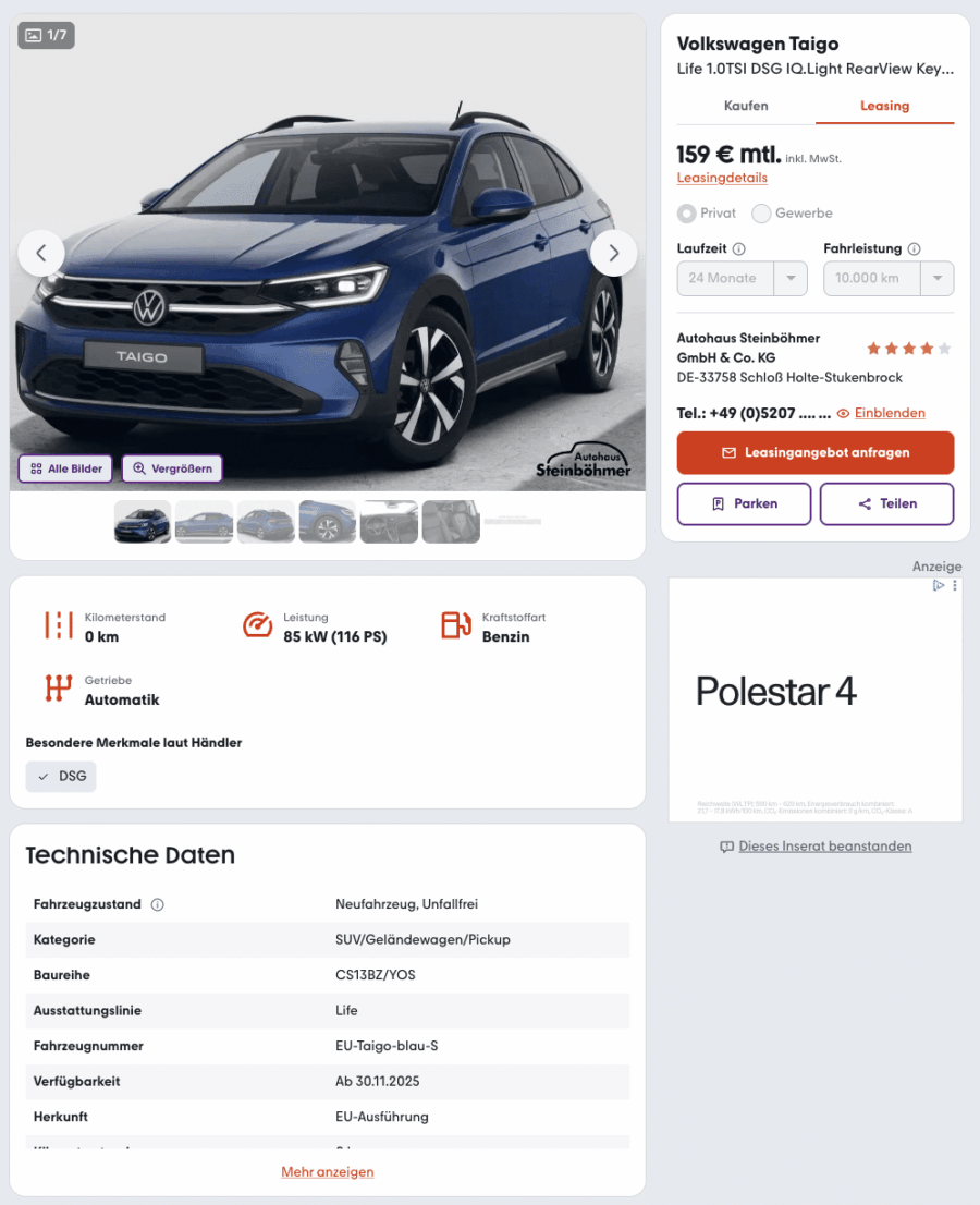 VW Taigo im Leasing für 159 Euro im Monat brutto - ntv Autoleasing
